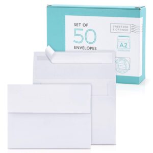 sweetzer & orange a2 envelopes white envelopes self seal (50 with box). luxury 150gsm for greeting card envelopes and invitation envelopes 4-3/8 x 5-3/4, rsvp envelopes, plain mailing envelopes