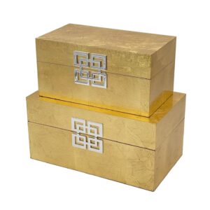 Galt International Storage Box Set Decorative Storage Box w/Hinged Lid Classic Design Wood Decor Boxes with Geometric Clasp Storage for Bedroom & Home - Set of 2 (Gold Leaf)