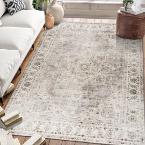 realife machine washable area rug - living room bedroom bathroom kitchen entryway office - non slip low pile stain resistant premium - boho farmhouse vintage - joy - beige ivory 5' x 7'