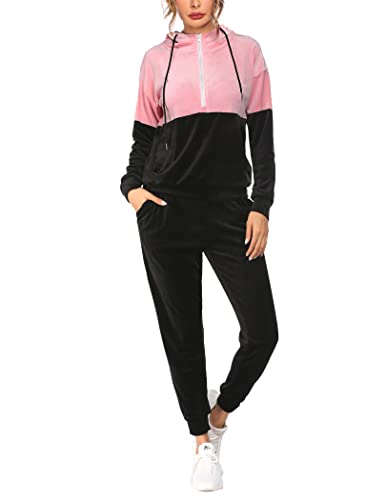 HOTOUCH Track Suits for Women Set 2 Piece Velour Sweatsuit Set Color Block Velvet Sweatshirt and Jogger Set Outfit Pink M