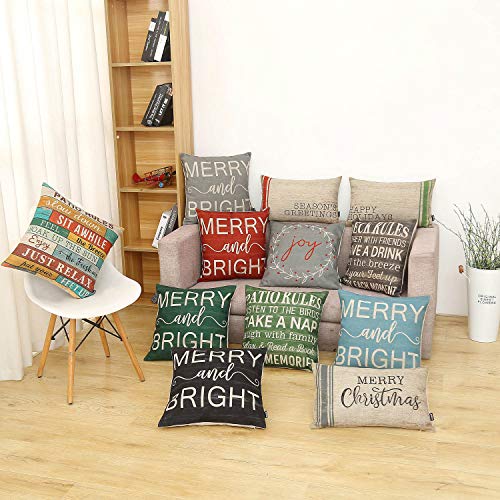 TRENDIN Christmas Farmhouse Black Merry and Bright Throw Pillow Cover 18x18 Inch Cotton Linen Square Decorative Winter Holiday Cushion Cover Xmas Pillowcase for Sofa Couch PL580TR