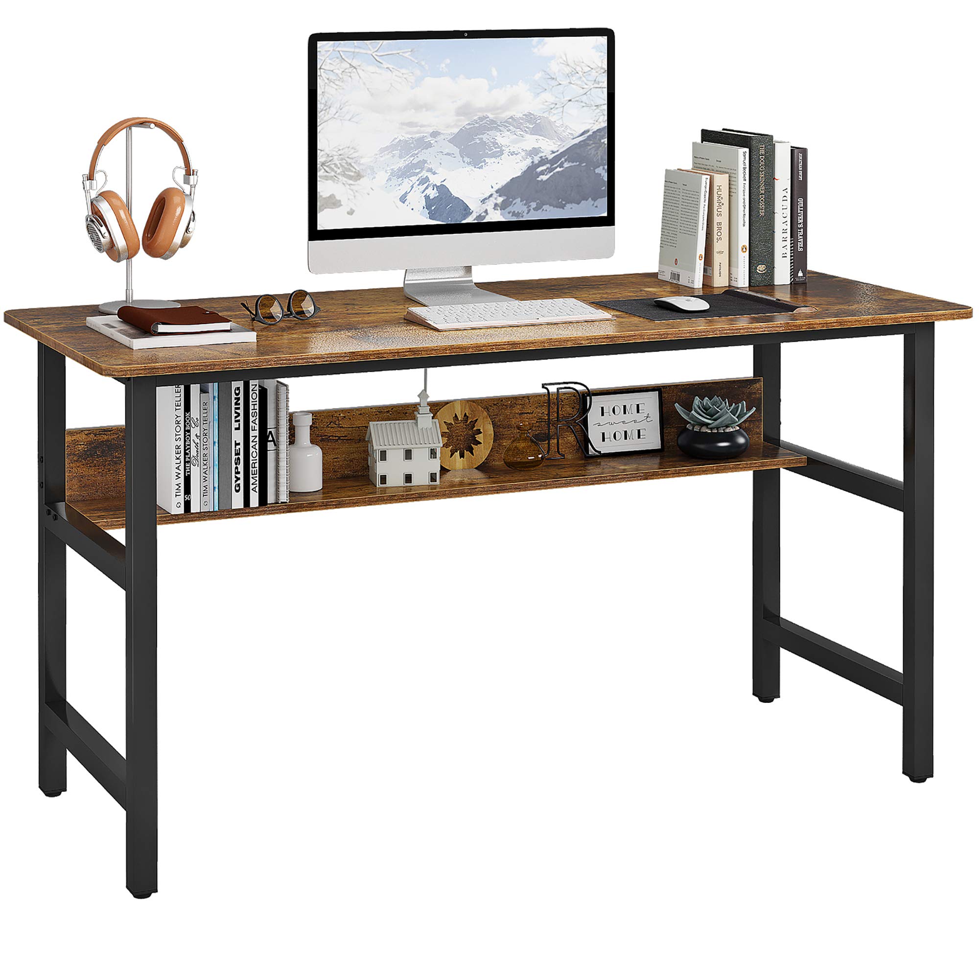 HOME BI Computer Desk, 55'' Writing Desk, Study Desk with Storage Shelf, Industrial Style Office Desk, Wood Metal Frame PC Laptop Table Workstation for Home