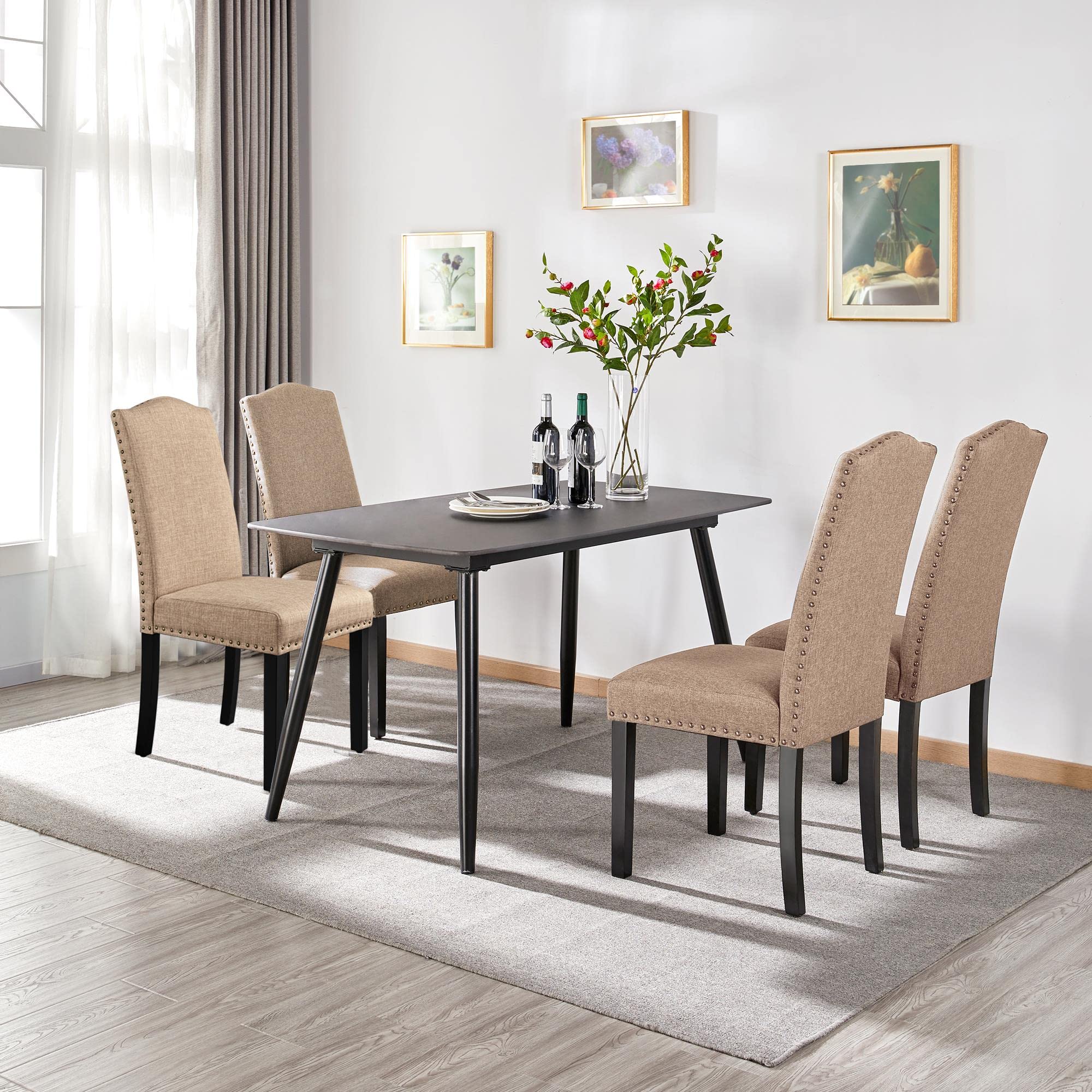 Yaheetech Dining Chairs Set of 4 Upholstered Kitchen Chairs Fabric Chairs with Rubber Wood Legs and Padded Seat for Dining Room, Living Room, Kitchen, Khaki