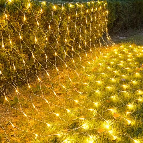 kemooie 198 LED Christmas Net Lights, 9.8FT x 6.6FT Plug in Mesh Lights, Connectable 8 Twinkle Modes Waterproof String Lights for Garden Bush Window Christmas Decorations (Warm White)