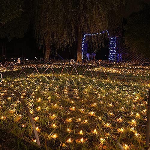 kemooie 198 LED Christmas Net Lights, 9.8FT x 6.6FT Plug in Mesh Lights, Connectable 8 Twinkle Modes Waterproof String Lights for Garden Bush Window Christmas Decorations (Warm White)