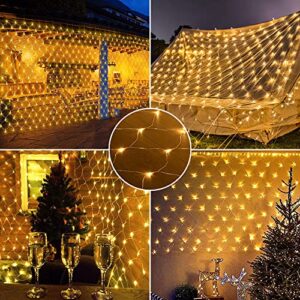 kemooie 198 LED Christmas Net Lights, 9.8FT x 6.6FT Plug in Mesh Lights, Connectable 8 Twinkle Modes Waterproof String Lights for Garden Bush Window Christmas Decorations (Warm White)