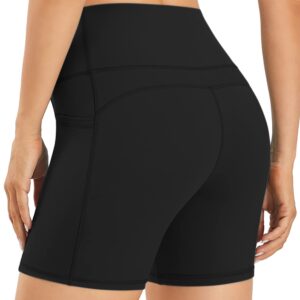 AFITNE Yoga Shorts for Women with Pockets High Waisted Printed Workout Athletic Running Shorts Biker Spandex Gym Fitness Leggings Black - M