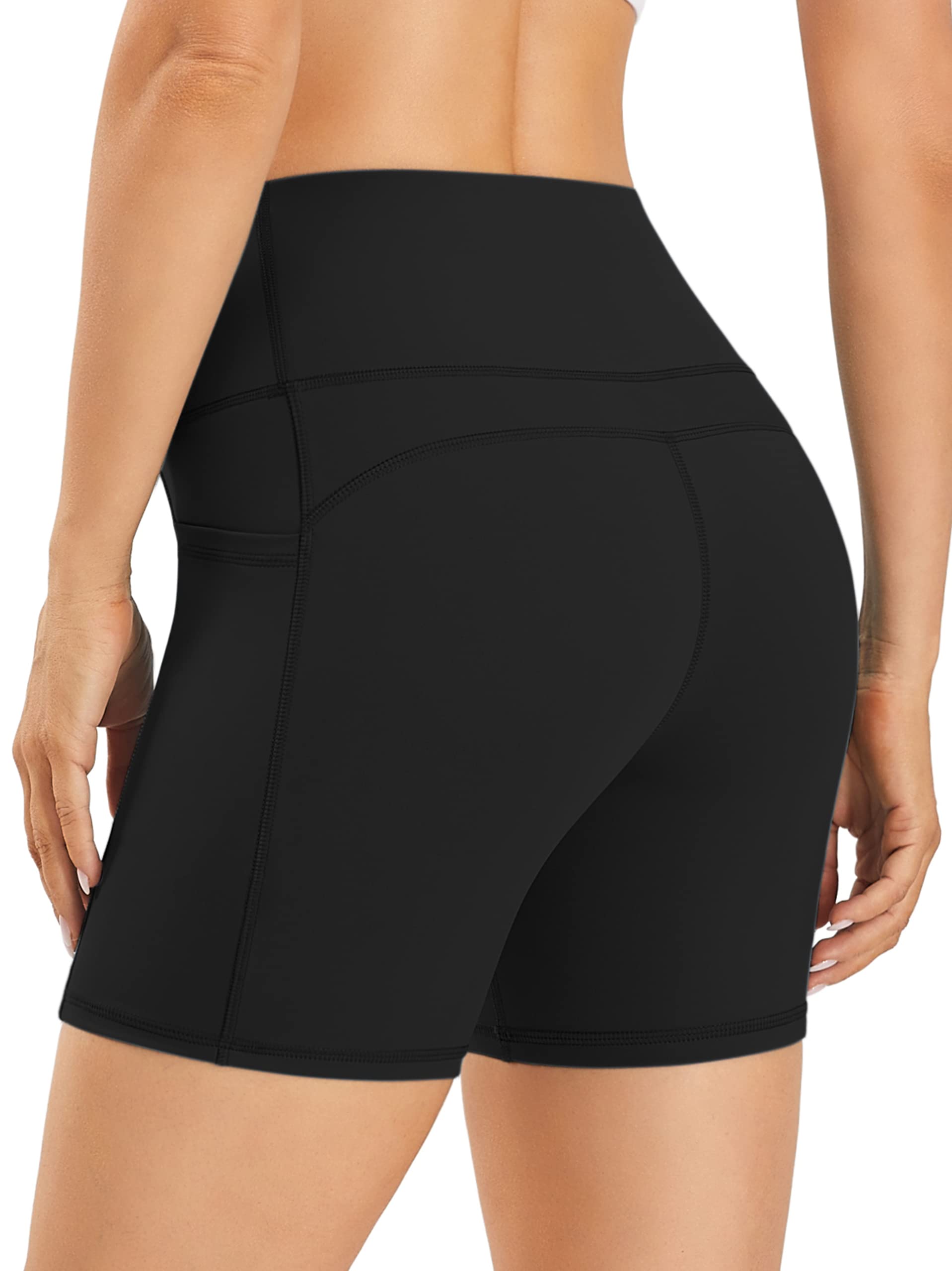 AFITNE Yoga Shorts for Women with Pockets High Waisted Printed Workout Athletic Running Shorts Biker Spandex Gym Fitness Leggings Black - M