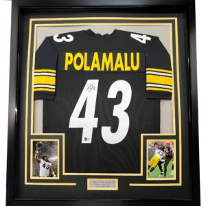 framed autographed/signed troy polamalu 33x42 pittsburgh black football jersey jsa coa