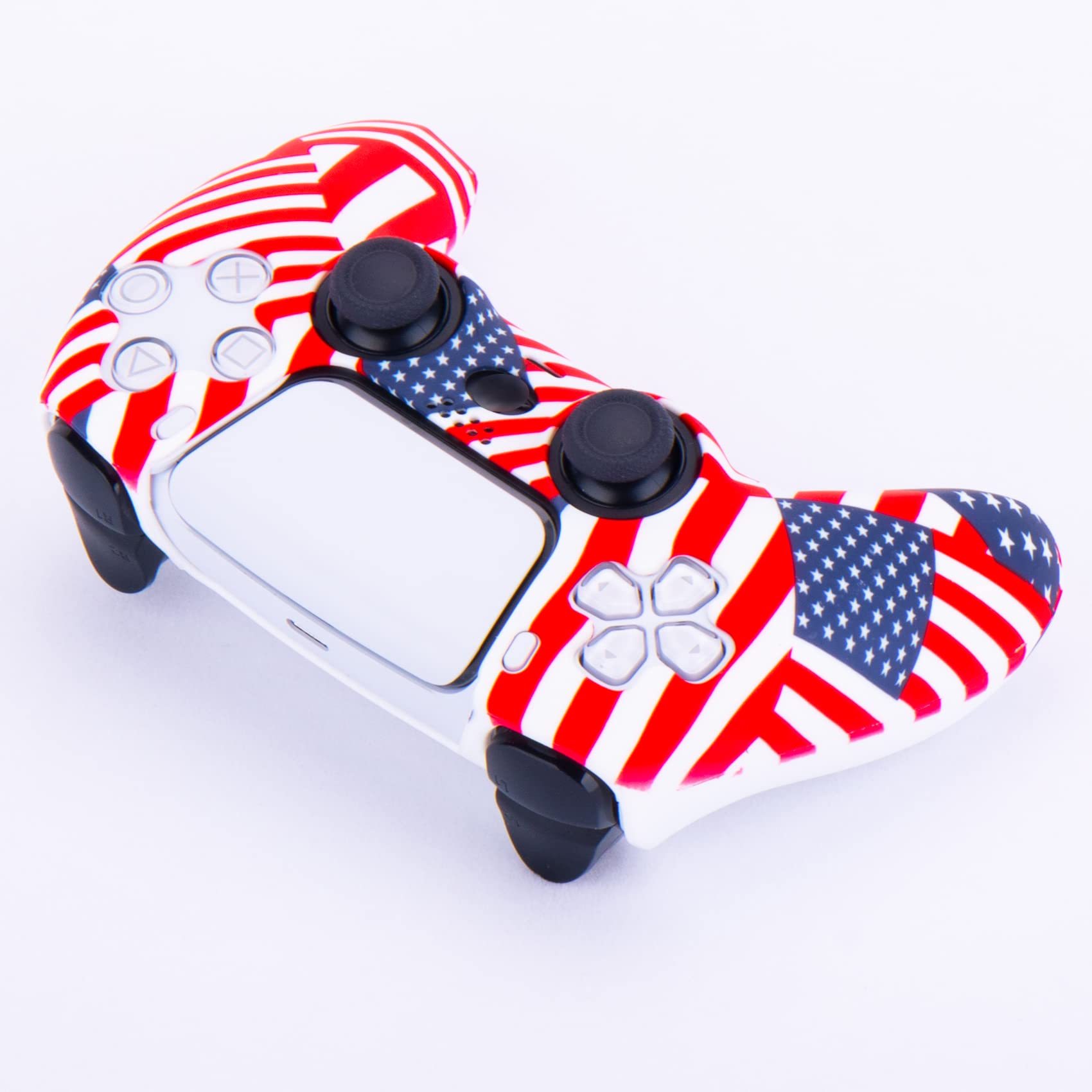 YoRHa Water Transfer Printing Silicone Thickened Cover Skin Case for PS5 Controller x 1(US Flag) with Thumb Grips x 10