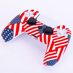 YoRHa Water Transfer Printing Silicone Thickened Cover Skin Case for PS5 Controller x 1(US Flag) with Thumb Grips x 10