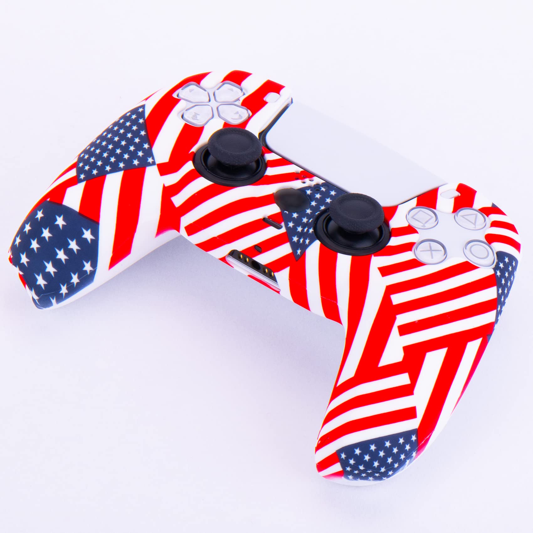 YoRHa Water Transfer Printing Silicone Thickened Cover Skin Case for PS5 Controller x 1(US Flag) with Thumb Grips x 10