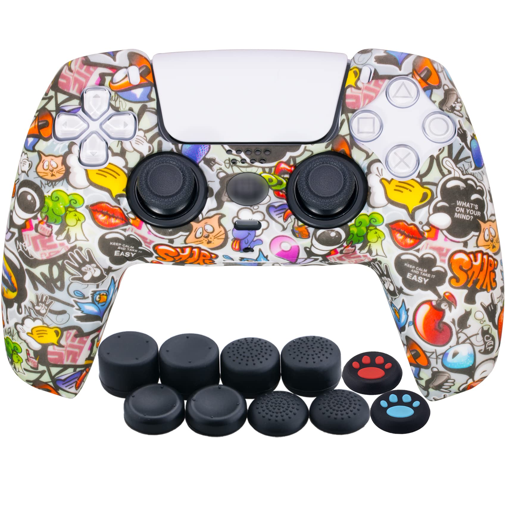 YoRHa Water Transfer Printing Silicone Thickened Cover Skin Case for PS5 Controller x 1(Lovely Graffiti) with Thumb Grips x 10