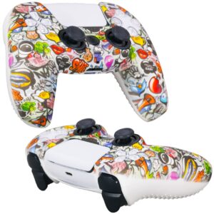 YoRHa Water Transfer Printing Silicone Thickened Cover Skin Case for PS5 Controller x 1(Lovely Graffiti) with Thumb Grips x 10