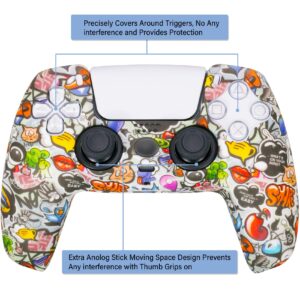 YoRHa Water Transfer Printing Silicone Thickened Cover Skin Case for PS5 Controller x 1(Lovely Graffiti) with Thumb Grips x 10