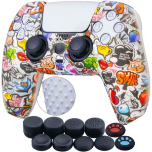 YoRHa Water Transfer Printing Silicone Thickened Cover Skin Case for PS5 Controller x 1(Lovely Graffiti) with Thumb Grips x 10