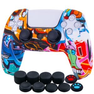 yorha water transfer printing silicone thickened cover skin case for ps5 controller x 1(comic graffiti) with thumb grips x 10