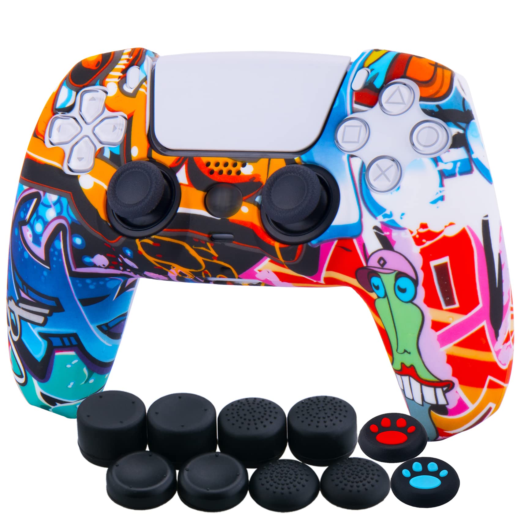 YoRHa Water Transfer Printing Silicone Thickened Cover Skin Case for PS5 Controller x 1(Comic Graffiti) with Thumb Grips x 10