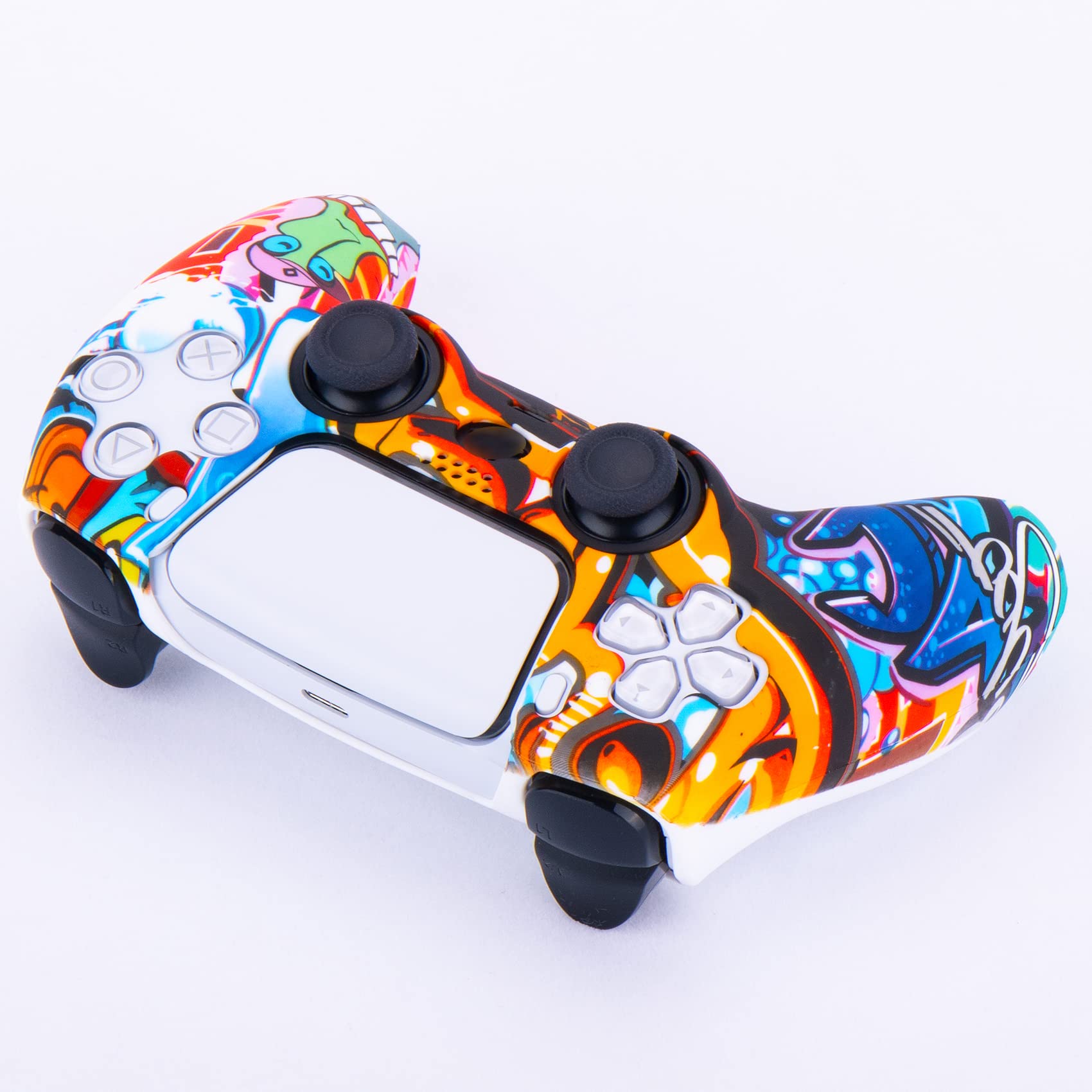 YoRHa Water Transfer Printing Silicone Thickened Cover Skin Case for PS5 Controller x 1(Comic Graffiti) with Thumb Grips x 10