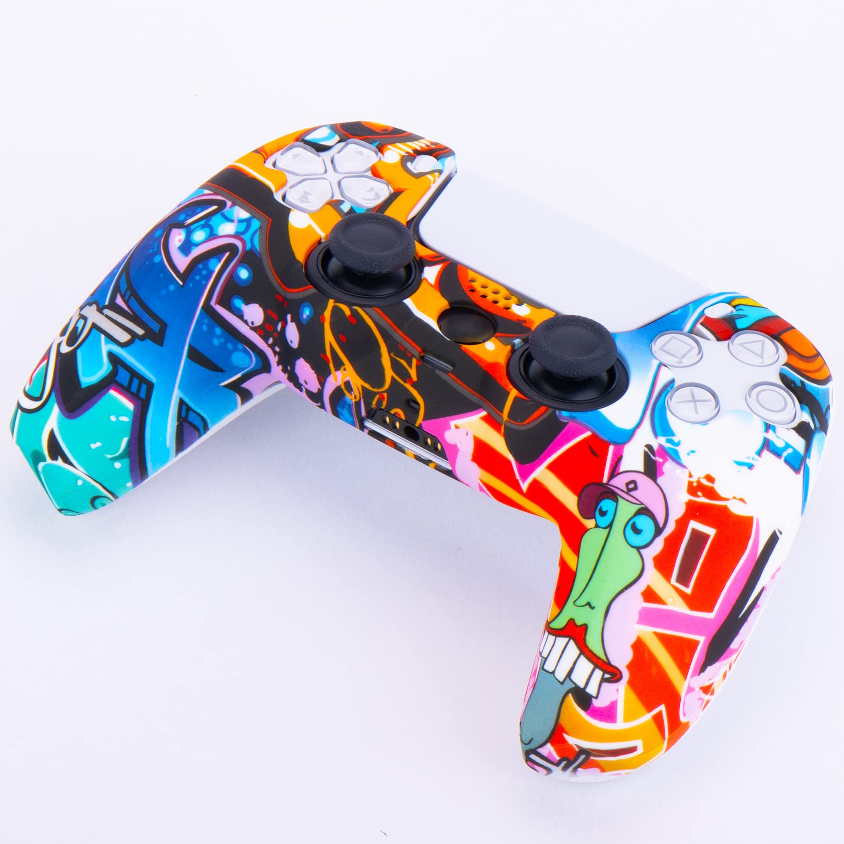 YoRHa Water Transfer Printing Silicone Thickened Cover Skin Case for PS5 Controller x 1(Comic Graffiti) with Thumb Grips x 10