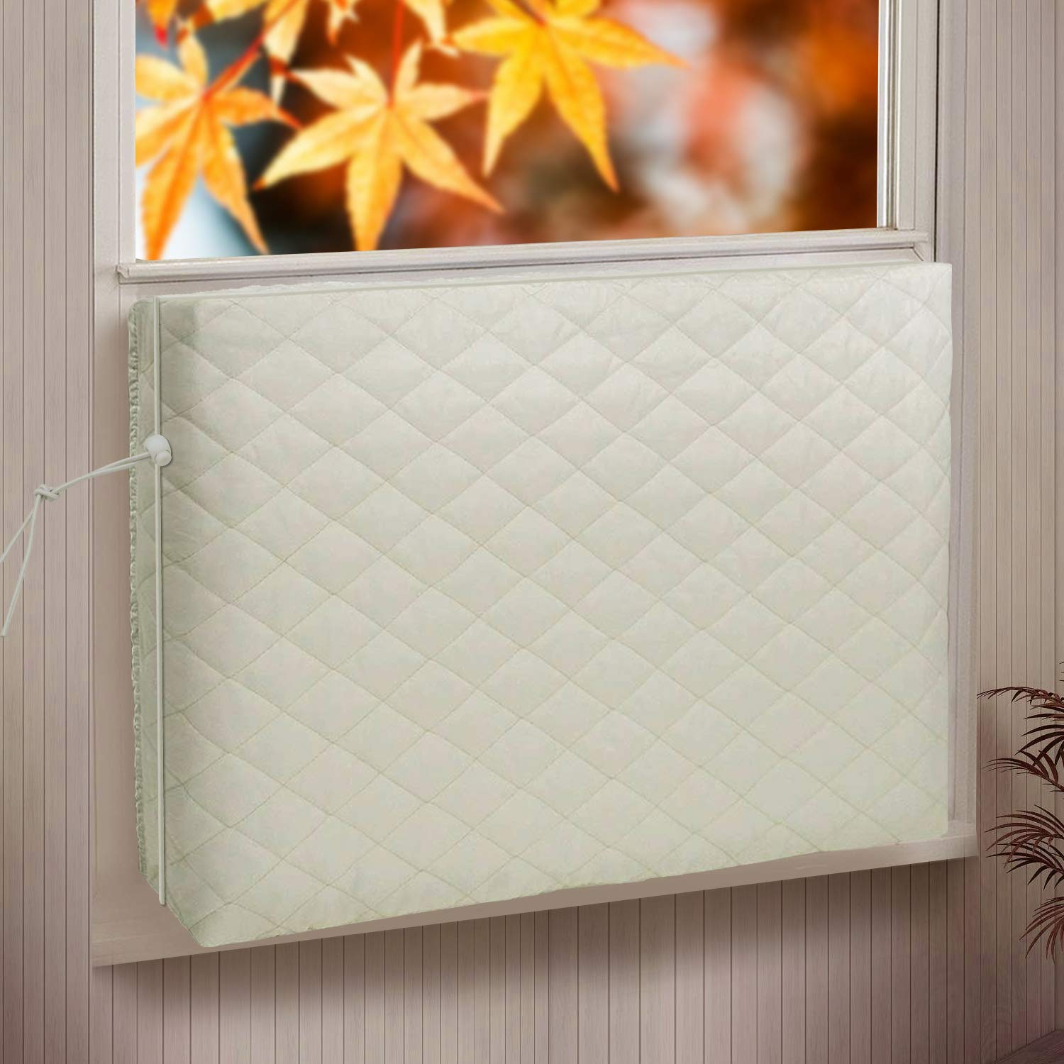 Indoor Air Conditioner Cover for Window Units, Window AC Unit Cover for Inside, Double Insulation with Elastic Strap, Small Beige 21 x 14 x 3 inches (L x H x D)