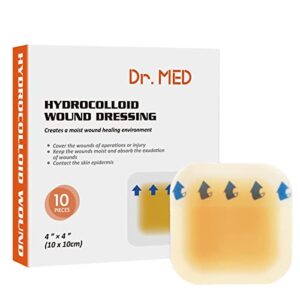 dr. med hydrocolloid wound dressing 4"x4"-10 pack/box, waterproof adhesive bordered bandage, for light exudate, abrasions, pressure ulcer, bed sore, superficial wound care