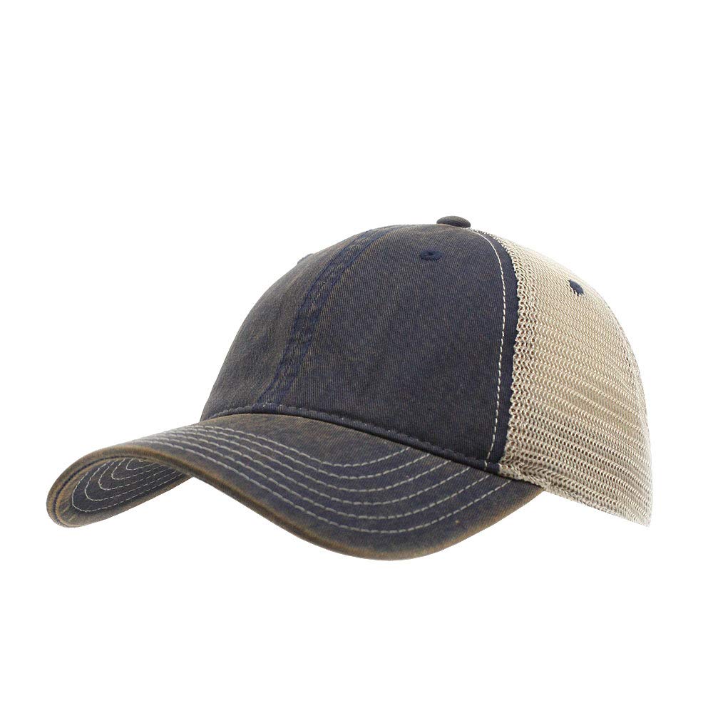 The Vintage Year Washed Cotton Unstructured Soft Mesh Adjustable Trucker Baseball Cap (Dirty Wash Navy/Khaki)