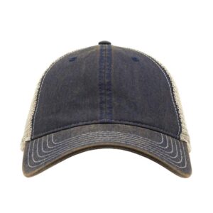 The Vintage Year Washed Cotton Unstructured Soft Mesh Adjustable Trucker Baseball Cap (Dirty Wash Navy/Khaki)