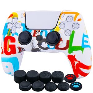 yorha water transfer printing silicone thickened cover skin case for ps5 controller x 1(colorful paint) with thumb grips x 10