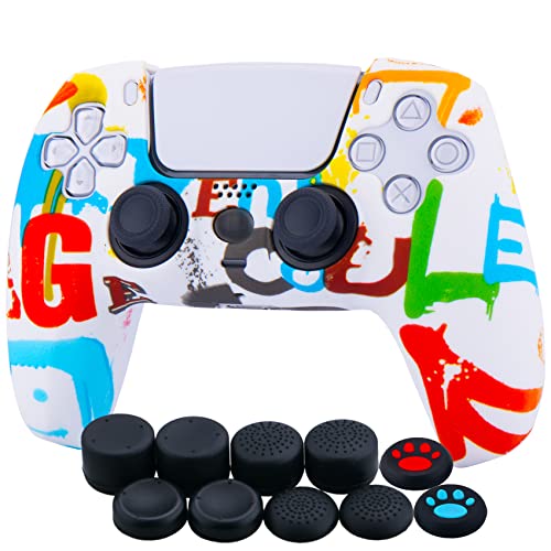 YoRHa Water Transfer Printing Silicone Thickened Cover Skin Case for PS5 Controller x 1(Colorful Paint) with Thumb Grips x 10