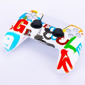 YoRHa Water Transfer Printing Silicone Thickened Cover Skin Case for PS5 Controller x 1(Colorful Paint) with Thumb Grips x 10