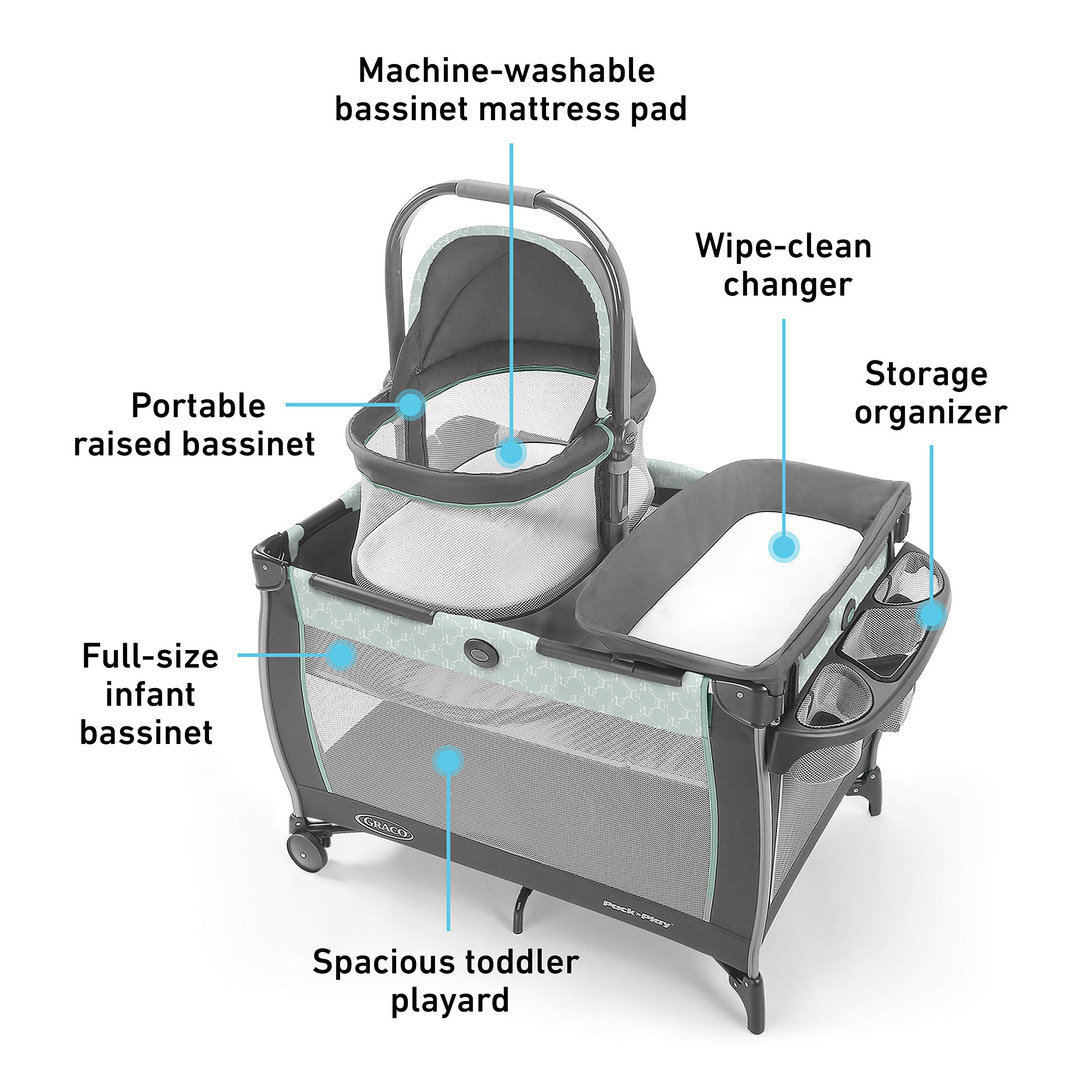 Graco Pack 'n Play Day2Dream Bassinet Playard | Features Portable Bedside Bassinet, Diaper Changer, and More, Mills