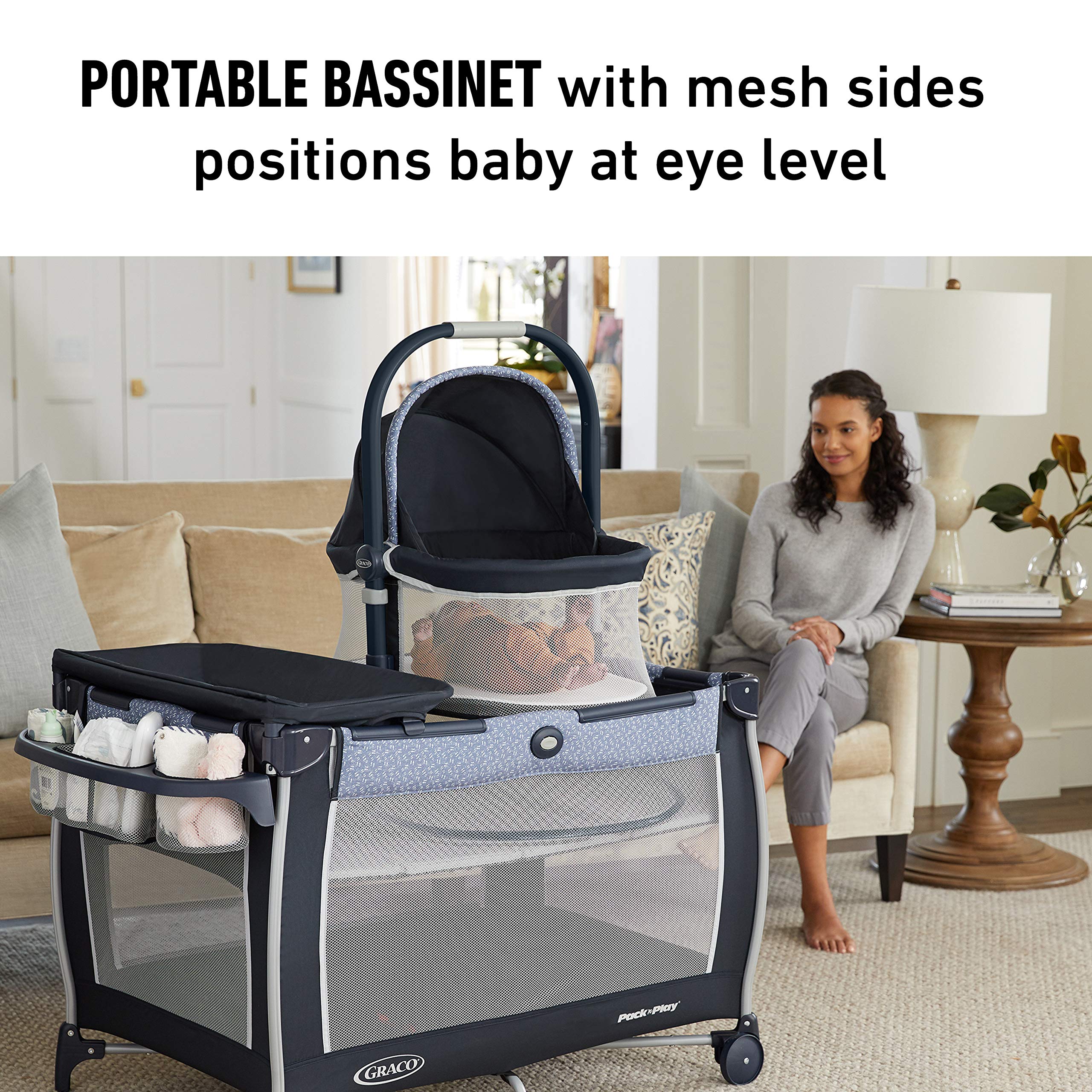 Graco Pack 'n Play Day2Dream Bassinet Playard | Features Portable Bedside Bassinet, Diaper Changer, and More, Mills