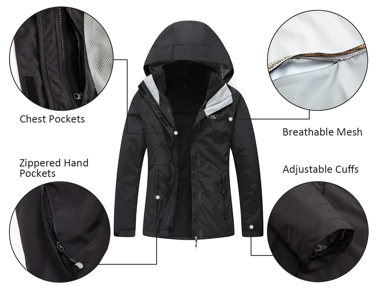 Diamond Candy Womens Winter Coat Waterproof Rain Jacket for Ski, 3 in 1 Fleece Jacket with Hood