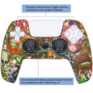 YoRHa Water Transfer Printing Silicone Thickened Cover Skin Case for PS5 Controller x 1(Beasts) with Thumb Grips x 10