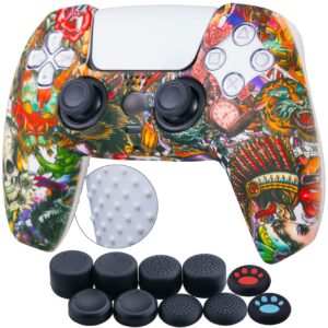 YoRHa Water Transfer Printing Silicone Thickened Cover Skin Case for PS5 Controller x 1(Beasts) with Thumb Grips x 10