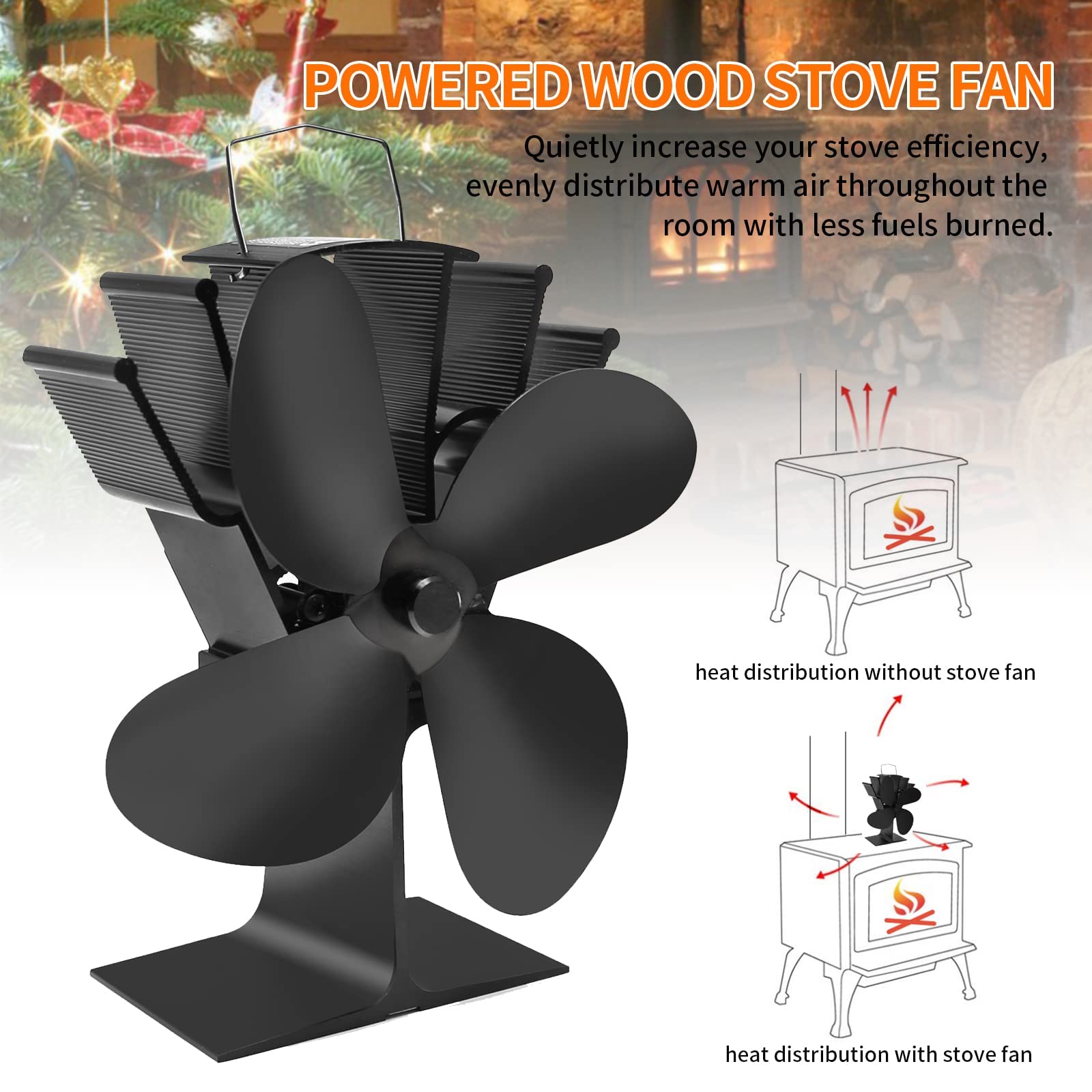 Aynaxcol 4 Blades Heat Powered Stove Fan Wood Burning Stove Fireplace Fan for Heated Air Eco Stove Fan Wood Log Burner Fireplace Silent Operation(Black)