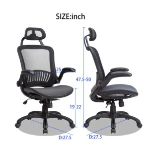 HCB Office Chair Desk Chair High Back Mesh Chair Ergonomic Computer Chairs with Adjustable Headrest Flip Up Arms Backrest Lumbar Support 360 Degree Rolling Swivel for Adults Men and Women (Black)