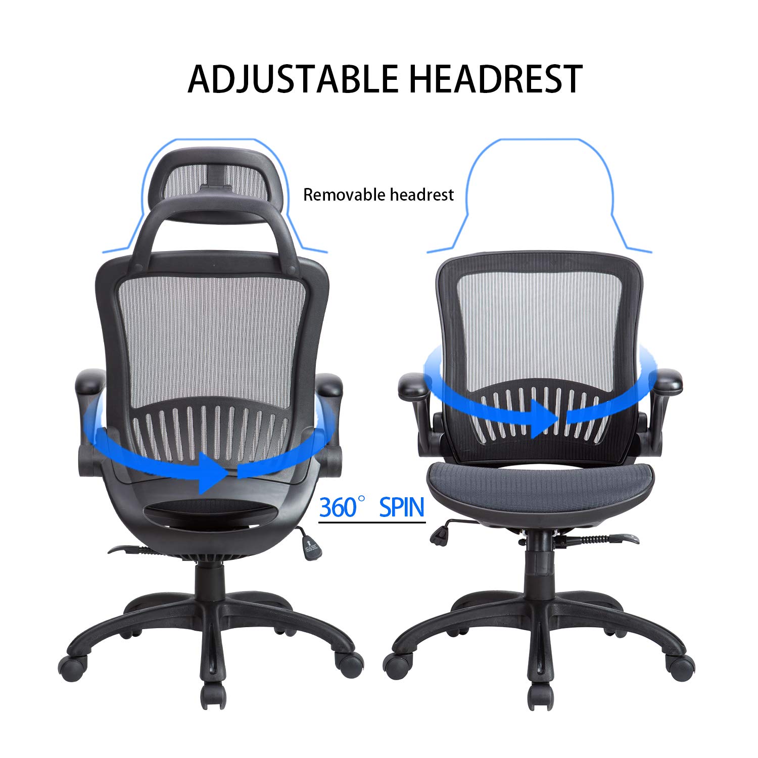 HCB Office Chair Desk Chair High Back Mesh Chair Ergonomic Computer Chairs with Adjustable Headrest Flip Up Arms Backrest Lumbar Support 360 Degree Rolling Swivel for Adults Men and Women (Black)