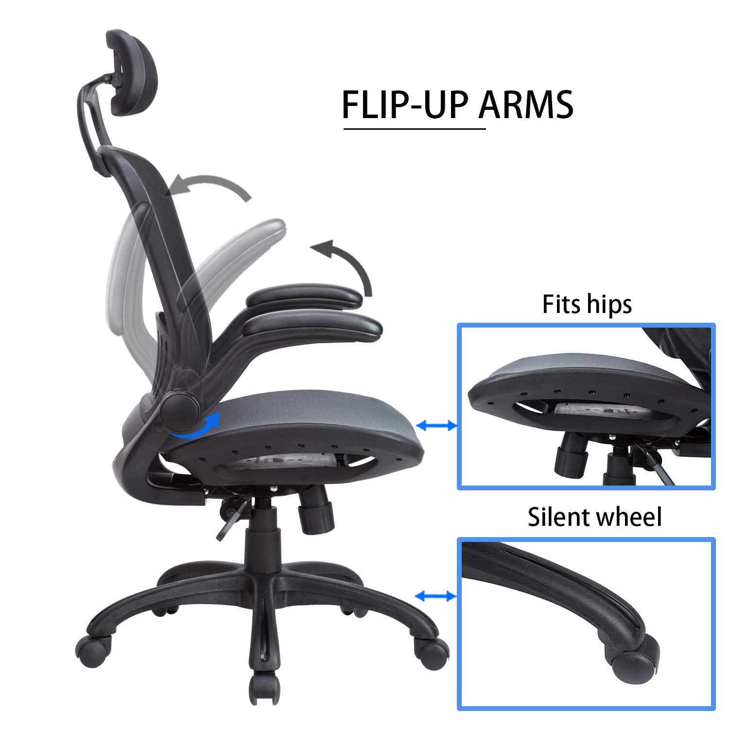 HCB Office Chair Desk Chair High Back Mesh Chair Ergonomic Computer Chairs with Adjustable Headrest Flip Up Arms Backrest Lumbar Support 360 Degree Rolling Swivel for Adults Men and Women (Black)