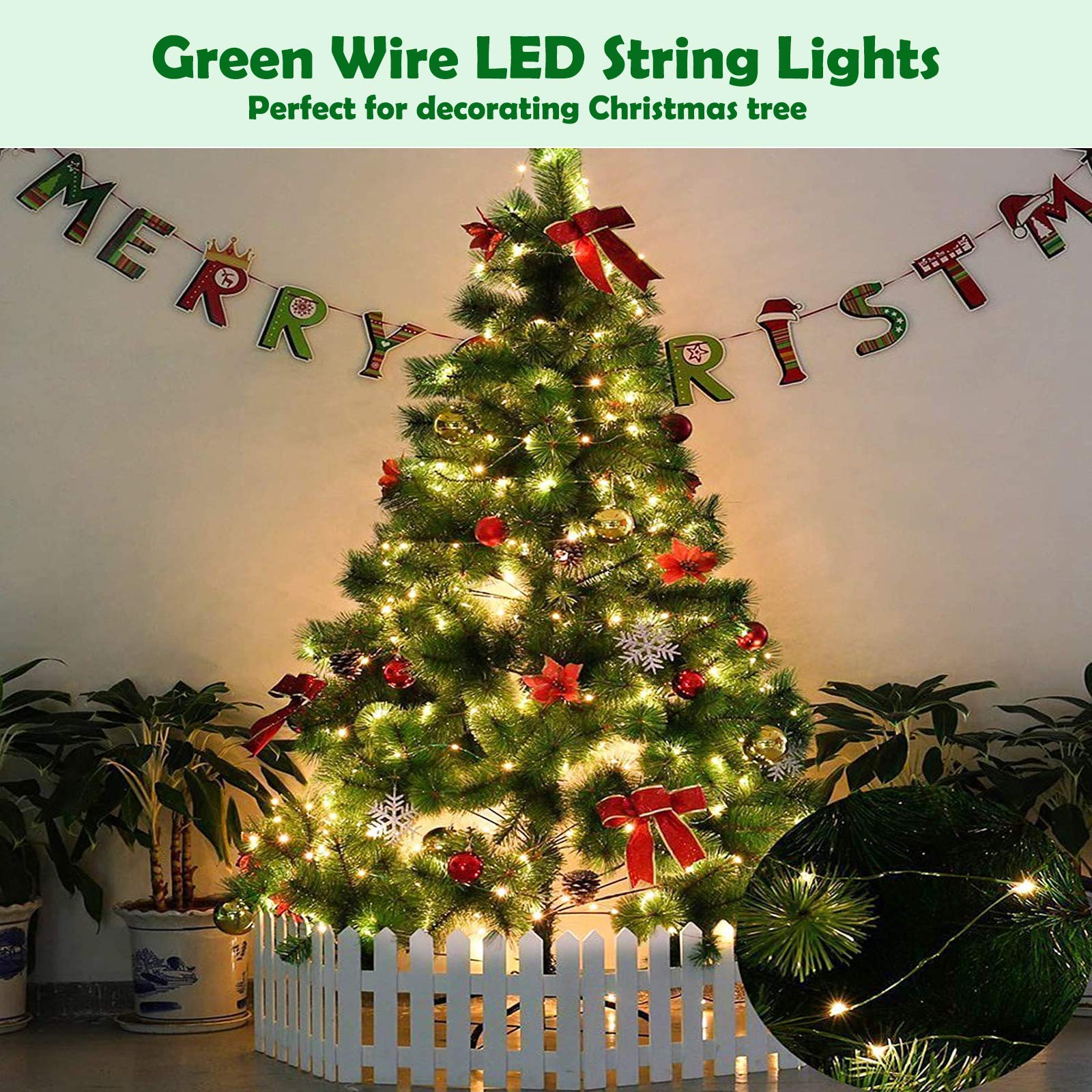 XUNXMAS Outdoor Indoor String Lights Christmas 300LED Warm White Fairy Lights 99ft Green Wire Dimmable with Remote Control, Waterproof Fairy Light for DIY Christmas Tree Bedroom Patio Party Decor