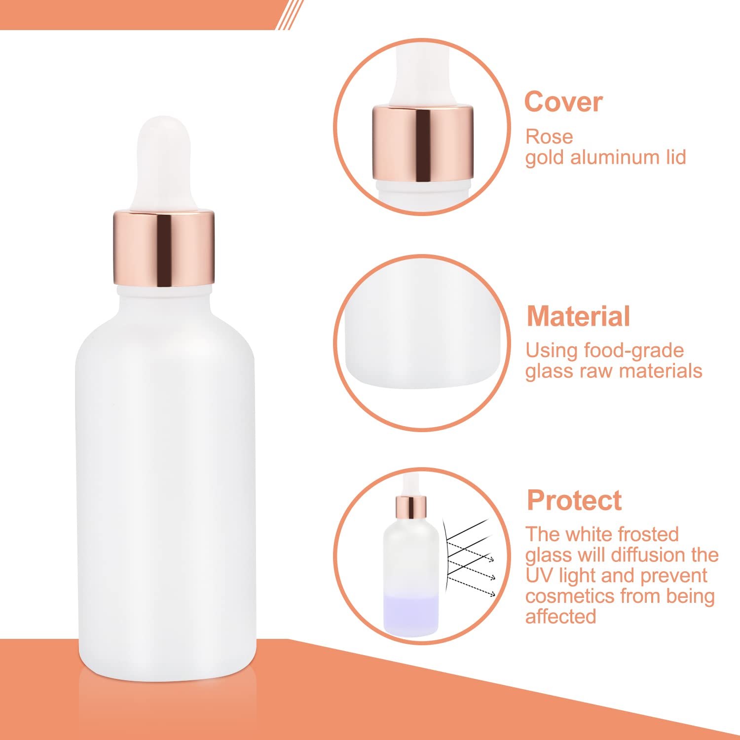 6 Pack,Frosted Glass Essential Oil Dropper Bottle,Empty Glass Liquid Container Holder With Glass Eye Dropper,Rose-Golden Caps Travel Perfume Cosmetic Container-Pipette&Funnel included (50ml/1.7 Ounce)