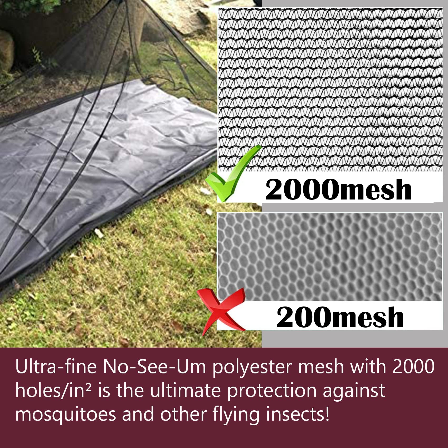 No-See-Um Camping Mosquito Net Bed Compact and Ultra-Light for Travel，Finest Holes Mesh 2000 Noseeum Netting for Camping and Hiking, Without Sleeping Mat (Double Brown Color)