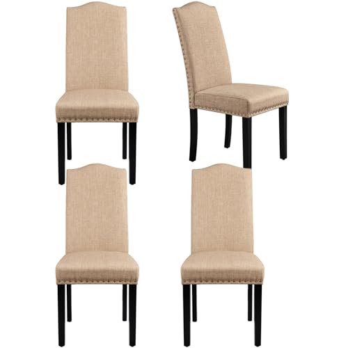 Yaheetech Dining Chairs Upholstered Parsons Chairs Kitchen Living Room Chairs with Rubber Wood Legs and Nailhead Trim, Fabric Side Chairs for Dining Room, Kitchen and Living Room, Set of 4, Khaki