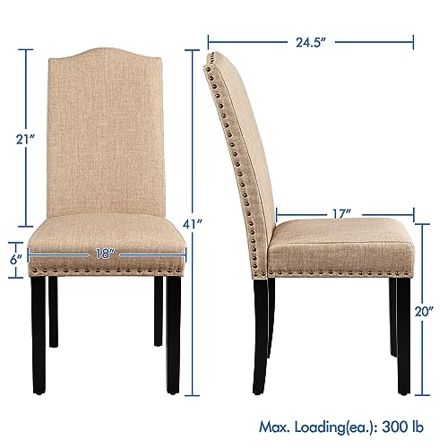 Yaheetech Dining Chairs Upholstered Parsons Chairs Kitchen Living Room Chairs with Rubber Wood Legs and Nailhead Trim, Fabric Side Chairs for Dining Room, Kitchen and Living Room, Set of 4, Khaki