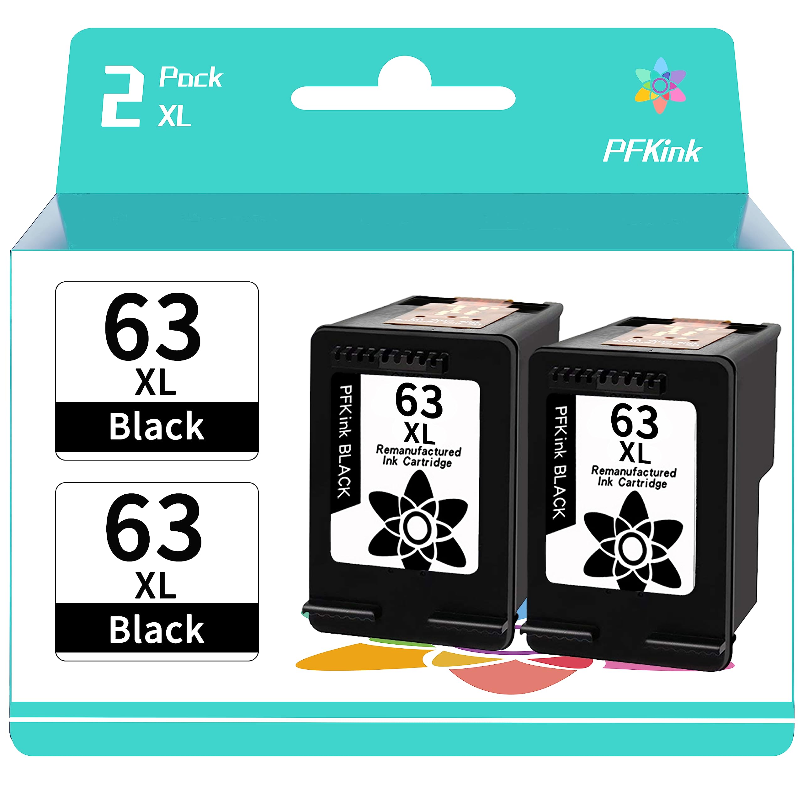 PFKink Remanufactured 63 Black Ink Cartridge Replacement for HP 63 63XL Work with Envy 4520 4512 4516 Officejet 5252 3830 3833 4655 5255 Deskjet 1112 2130 3630 3634 Printer (2 Black)