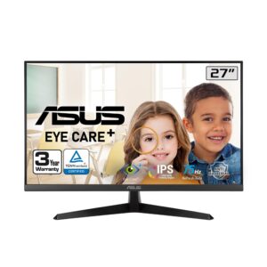 asus vy279he 27” eye care monitor, 1080p full hd, 75hz, ips, 1ms, adaptive-sync, eye care plus, color augmentation, hdmi vga, frameless, vesa wall mountable