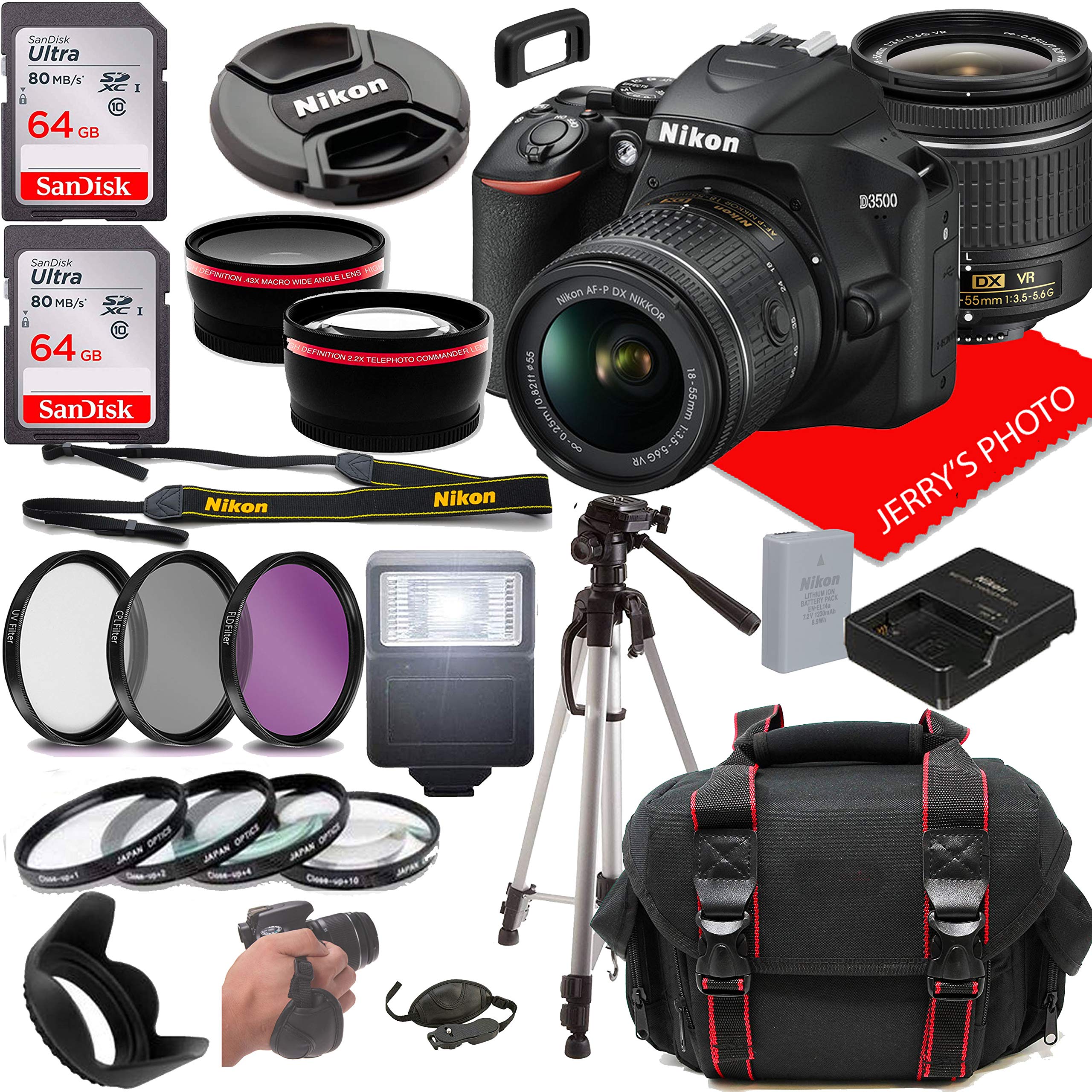 Nikon D3500 DSLR Camera w/NIKKOR 18-55mm f/3.5-5.6G VR Lens + Case + 128GB Memory (26pc Bundle)