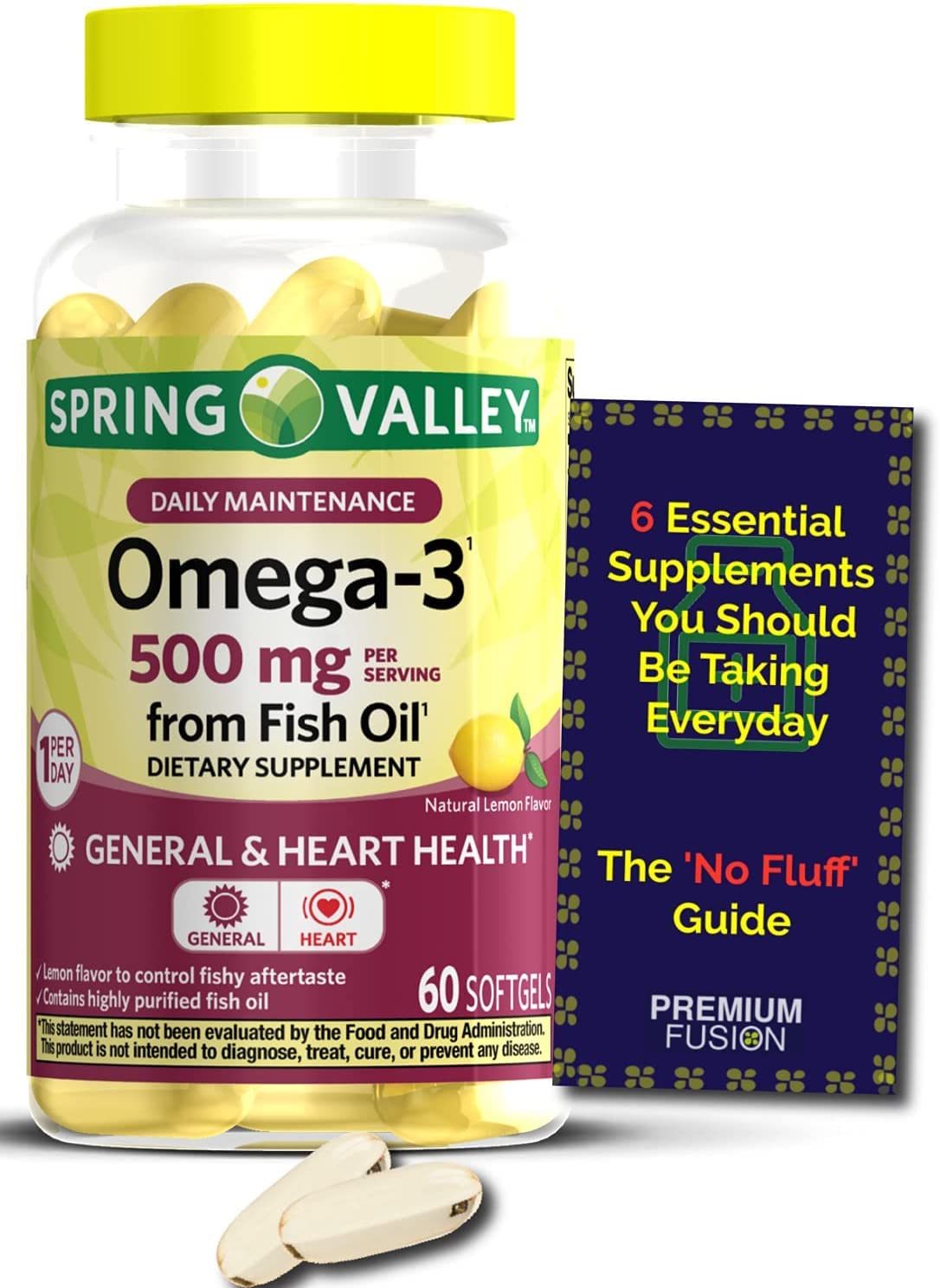 Omega-3 Fish Oil Softgels, 500 mg, DHA, EPA, 60 ct. + Vitamin Pouch and Guide to Supplements