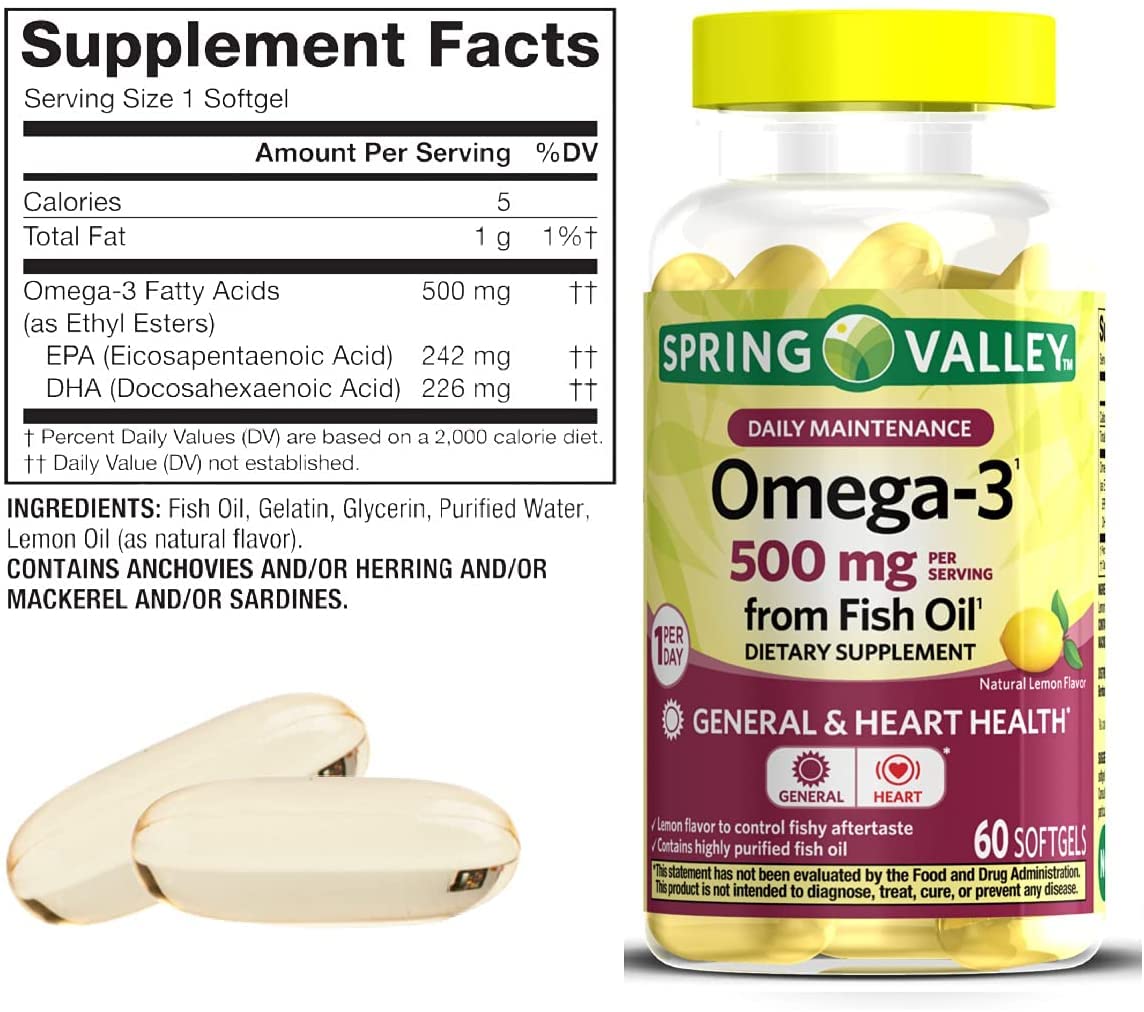 Omega-3 Fish Oil Softgels, 500 mg, DHA, EPA, 60 ct. + Vitamin Pouch and Guide to Supplements